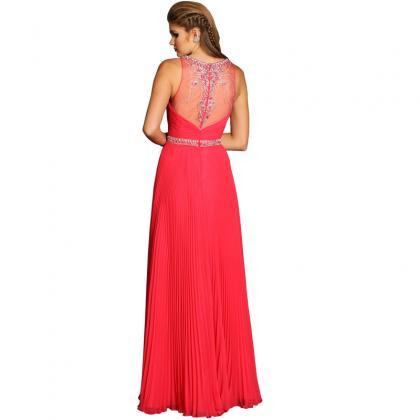 Pleat Chiffon Round Neck Crystal Beads Waist Transparent Back Floor ...