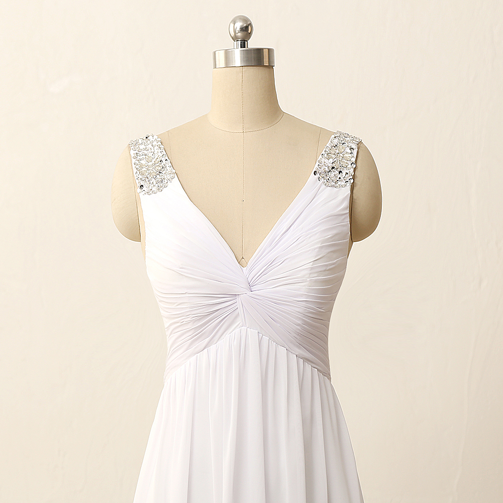 V Neck Cross Pleat Bust Chiffon Floor Length Zipper Back Maxi Formal ...