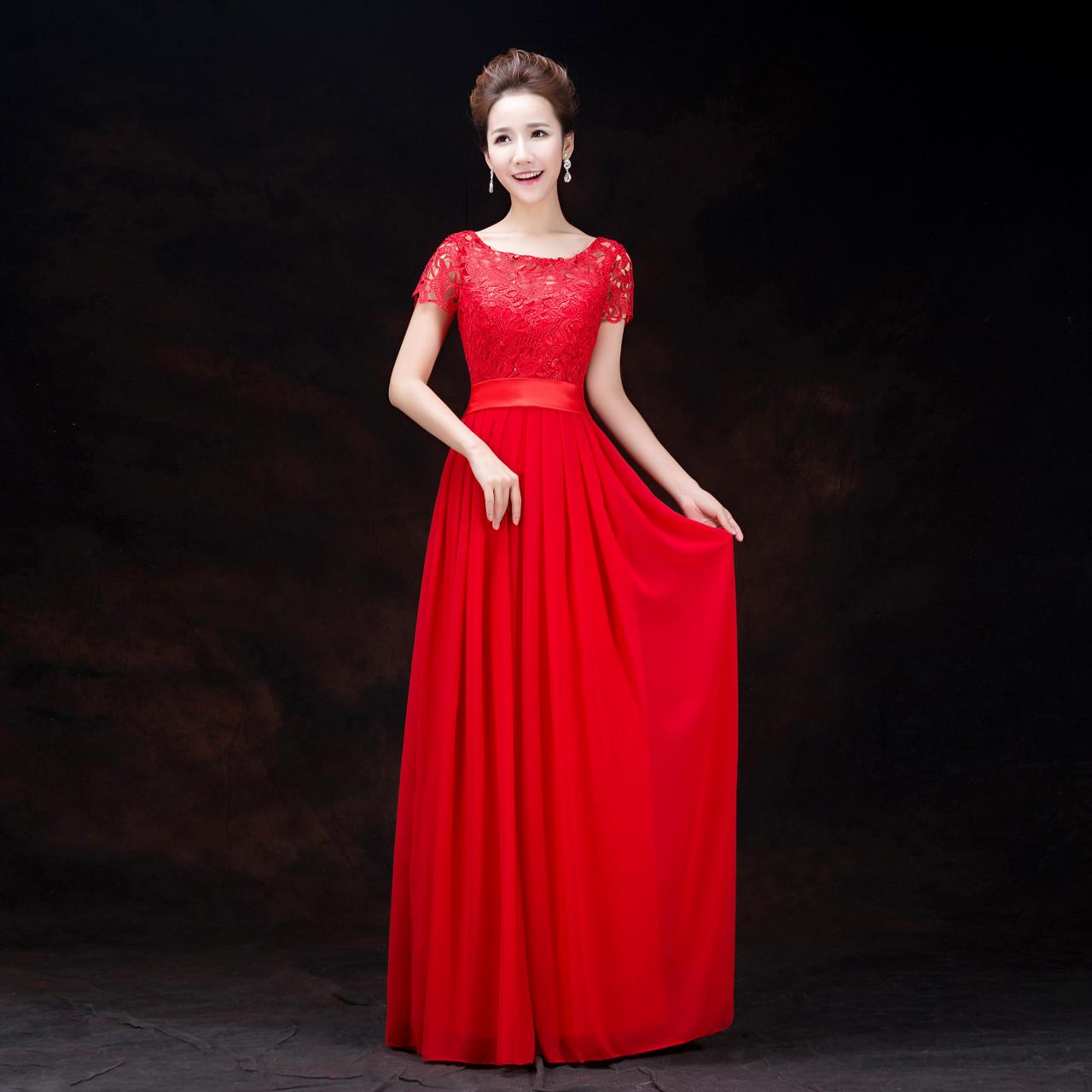 Cap Sleeves Lace Chiffon Red Floor Length Zipper Back Party Dress on Luulla