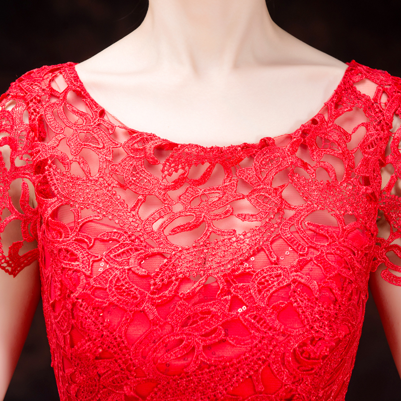 Cap Sleeves Lace Chiffon Red Floor Length Zipper Back Party Dress on Luulla