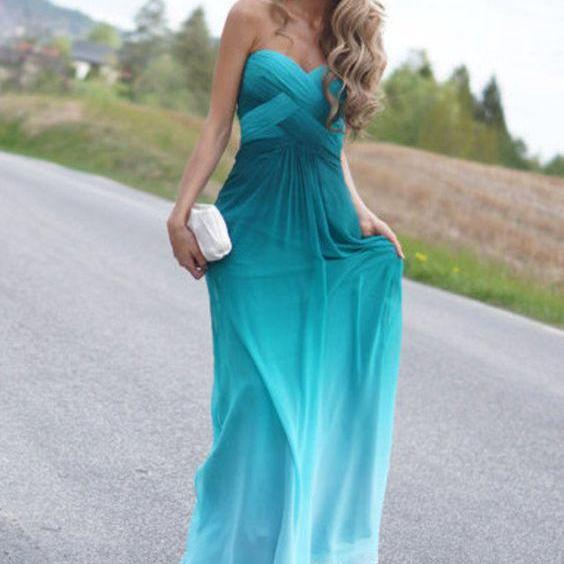 Pleat Gradient Blue Green Color Chiffon Sweetheart Long Summer ...