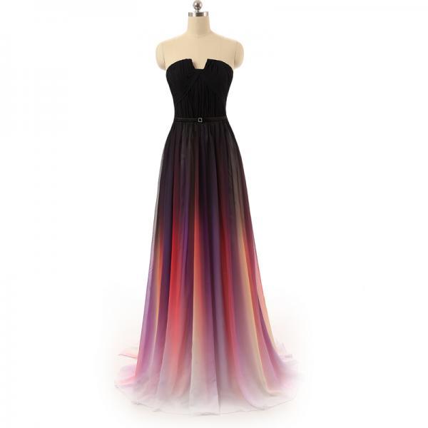 Gradient Strapless Floor Length Chiffon Pleated Evening Dress, Prom ...