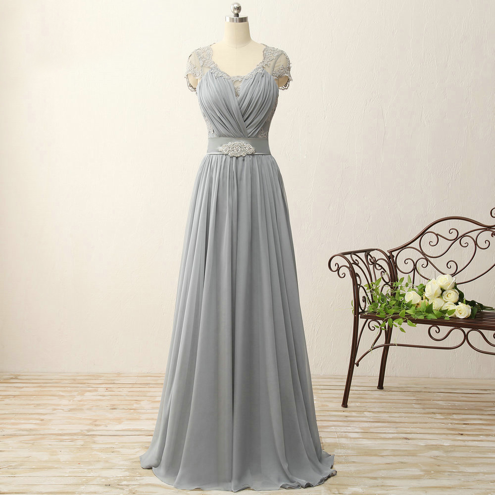 Lace Appliques Cap Sleeves Long Chiffon Prom Dress With Ruched Bodice ...