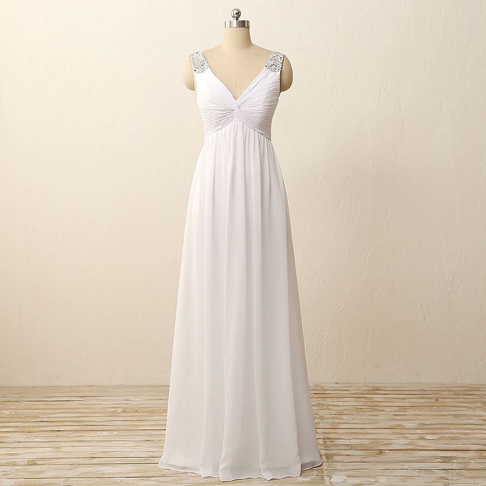 V Neck Cross Pleat Bust Chiffon Floor Length Zipper Back Maxi Formal ...